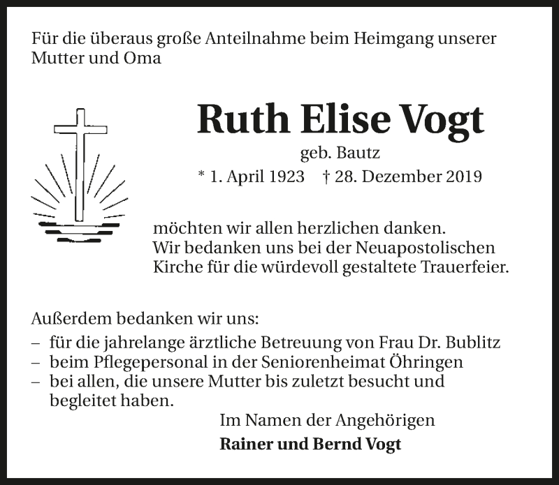 Traueranzeigen von Ruth Elise Vogt | www.trauerundgedenken.de