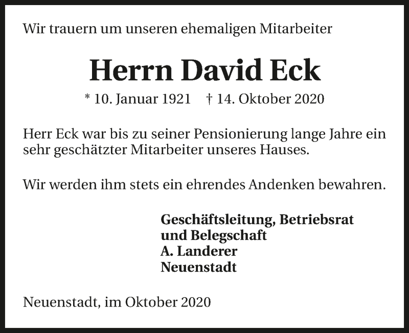 Traueranzeigen von David Eck | www.trauerundgedenken.de