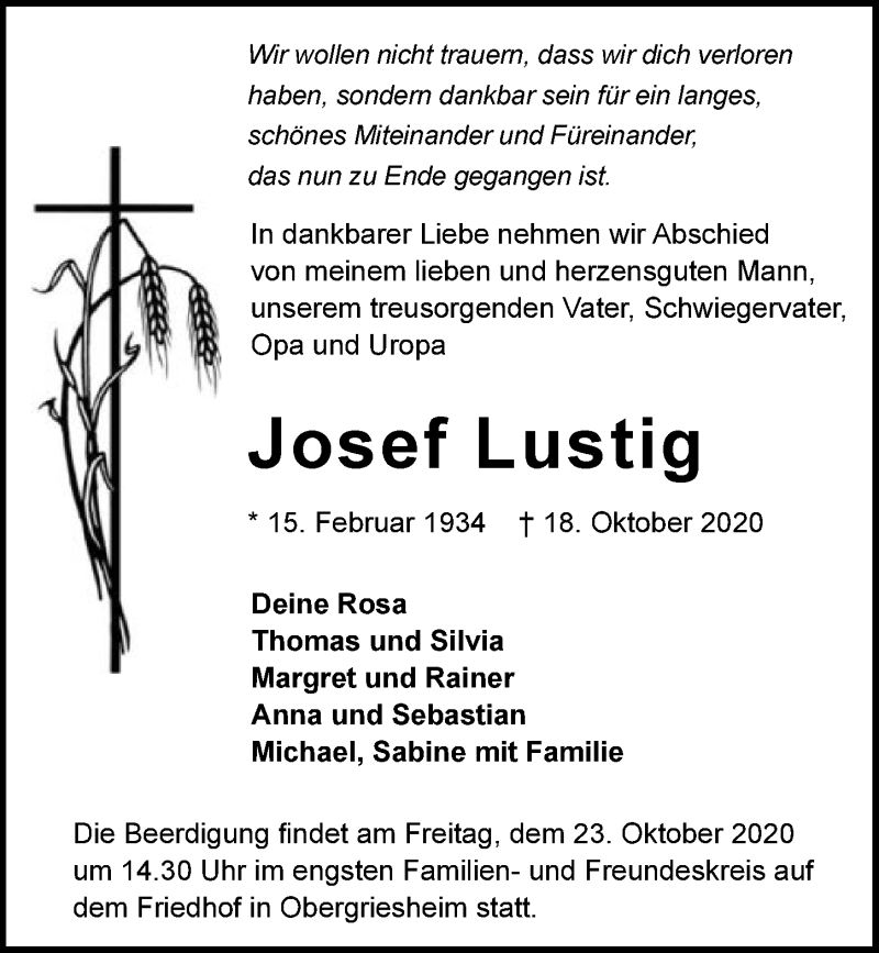 Traueranzeigen von Josef Lustig | www.trauerundgedenken.de