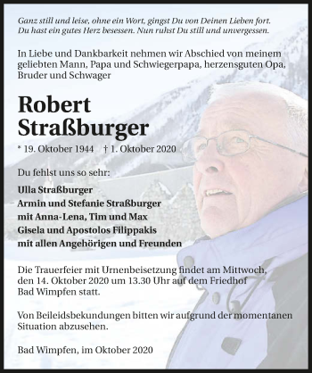 Traueranzeigen von Robert Straßburger | www.trauerundgedenken.de