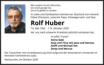 Traueranzeigen von Rolf Huber | www.trauerundgedenken.de