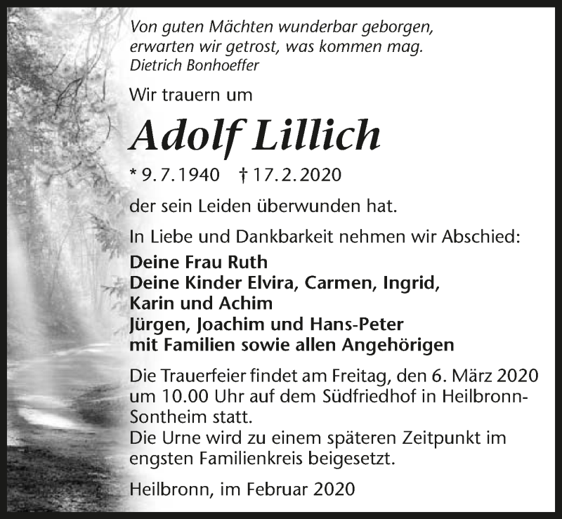 Traueranzeigen von Adolf Lillich | www.trauerundgedenken.de