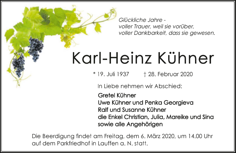 Traueranzeigen von Karl-Heinz Kühner | www.trauerundgedenken.de