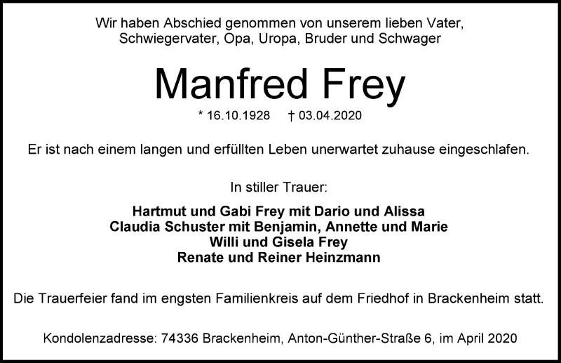 Traueranzeigen von Manfred Frey | www.trauerundgedenken.de