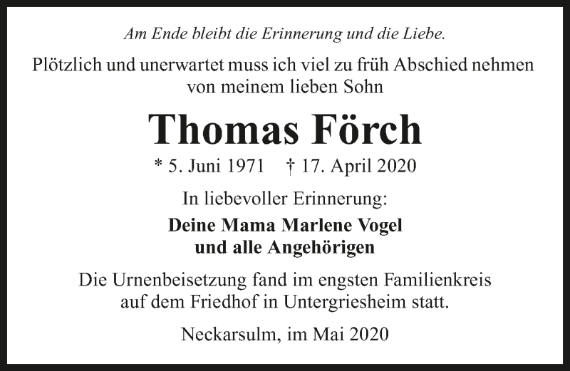 Traueranzeigen von Thomas Förch | www.trauerundgedenken.de