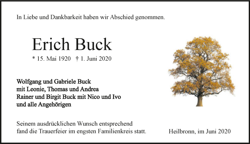 Traueranzeigen von Erich Buck | www.trauerundgedenken.de