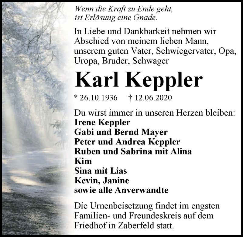 Traueranzeigen von Karl Keppler | www.trauerundgedenken.de