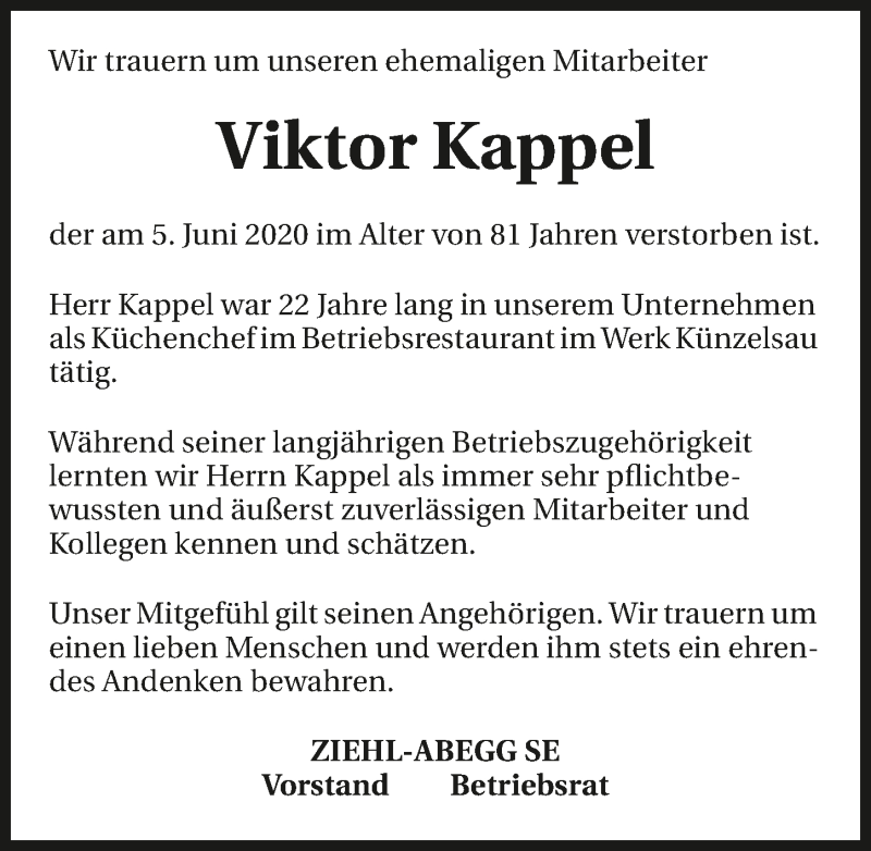 Traueranzeigen von Viktor Kappel | www.trauerundgedenken.de