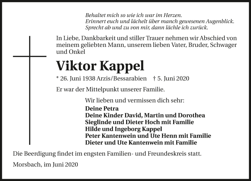 Traueranzeigen von Viktor Kappel | www.trauerundgedenken.de