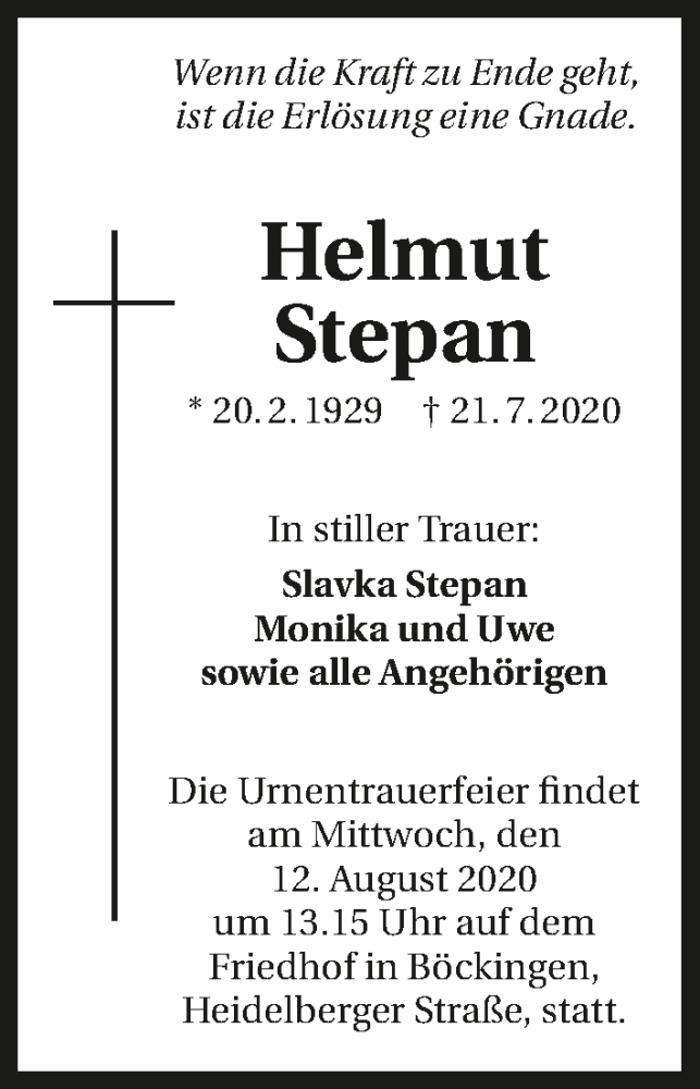Traueranzeigen von Helmut Stepan | www.trauerundgedenken.de