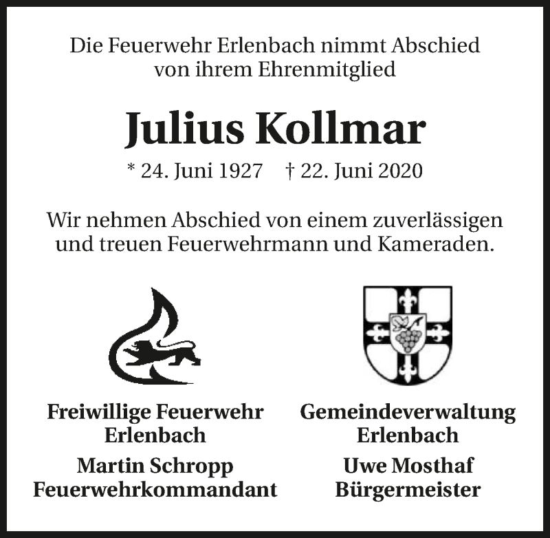 Traueranzeigen von Julius Kollmar | www.trauerundgedenken.de