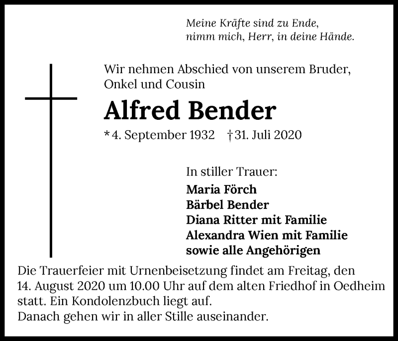 Traueranzeigen von Alfred Bender | www.trauerundgedenken.de