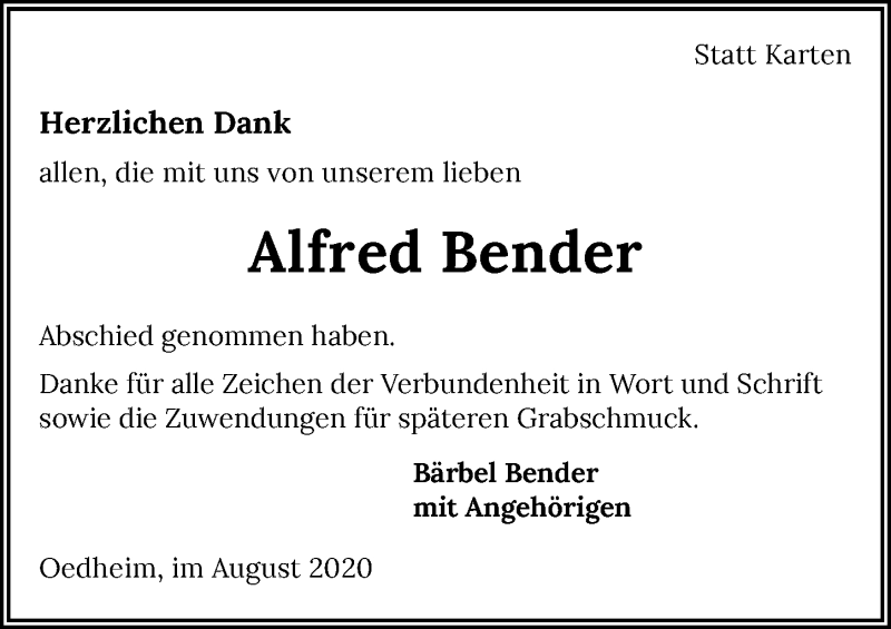 Traueranzeigen von Alfred Bender | www.trauerundgedenken.de