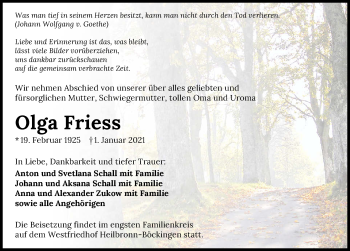 Traueranzeigen von Olga Friess | www.trauerundgedenken.de