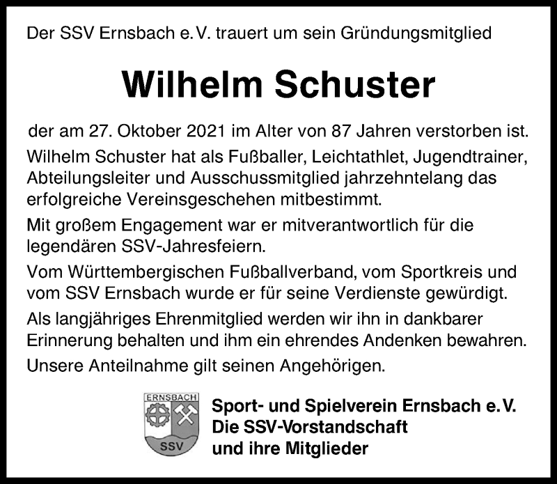 Traueranzeigen von Wilhelm Schuster | www.trauerundgedenken.de