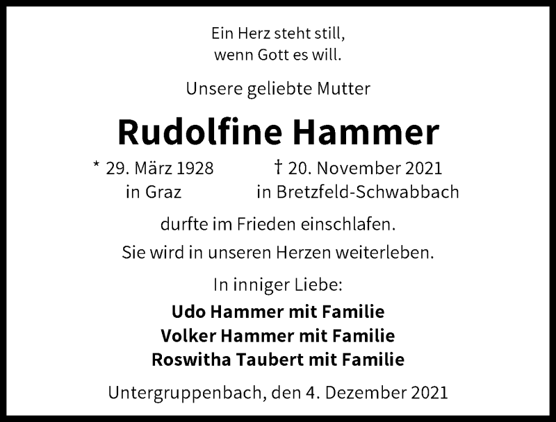 Traueranzeigen von Rudolfine Hammer | www.trauerundgedenken.de