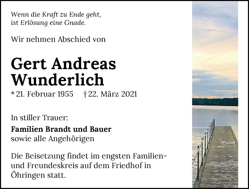 Traueranzeigen von Gert Andreas Wunderlich | www.trauerundgedenken.de