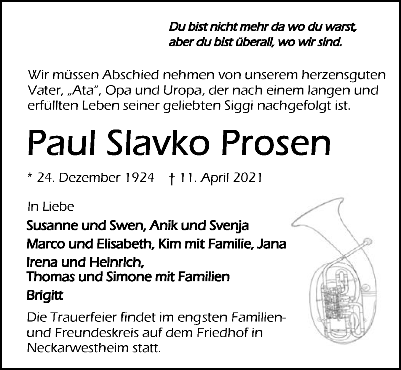 Traueranzeigen von Paul Slavko Prosen | www.trauerundgedenken.de