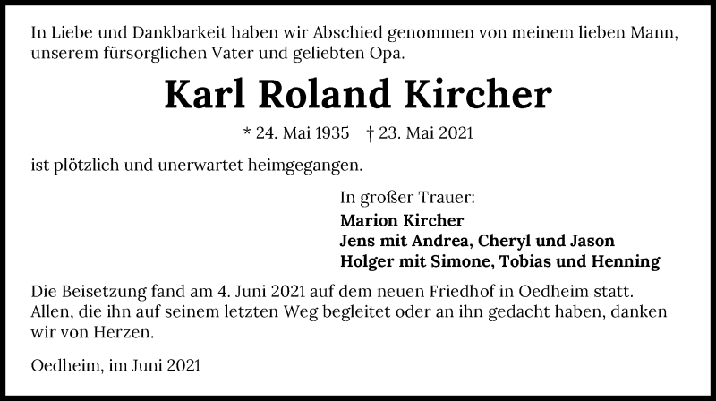 Traueranzeigen von Karl Roland Kircher | www.trauerundgedenken.de