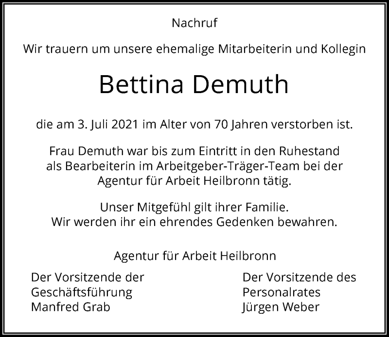 Traueranzeigen von Bettina Demuth | www.trauerundgedenken.de