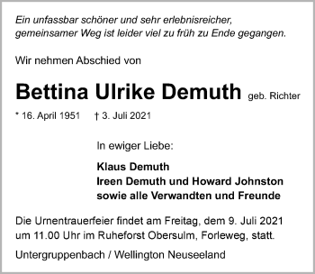 Traueranzeigen von Bettina Ulrike Demuth | www.trauerundgedenken.de