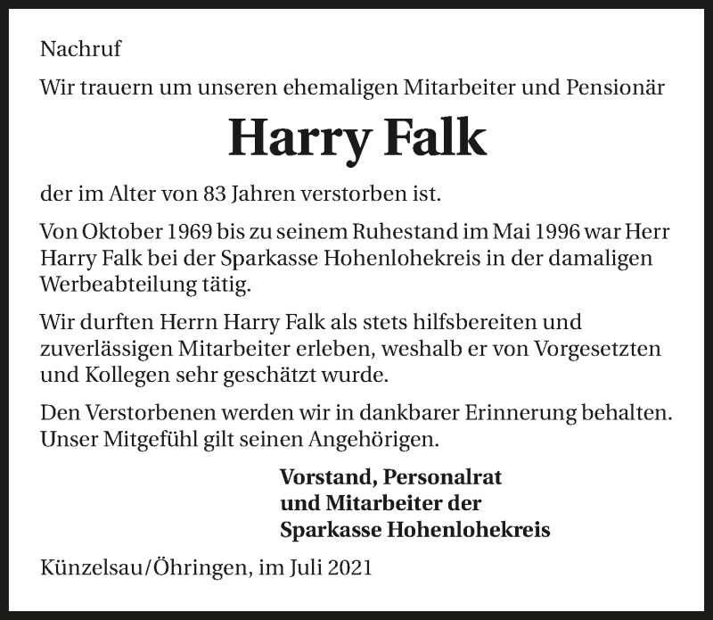 Traueranzeigen von Harry Falk | www.trauerundgedenken.de