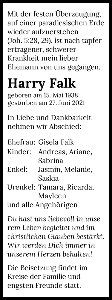 Traueranzeigen von Harry Falk | www.trauerundgedenken.de