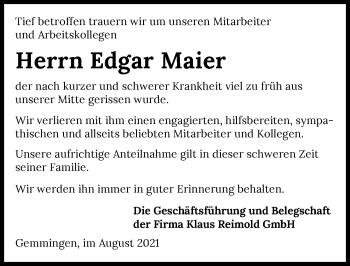 Traueranzeigen von Edgar Maier | www.trauerundgedenken.de