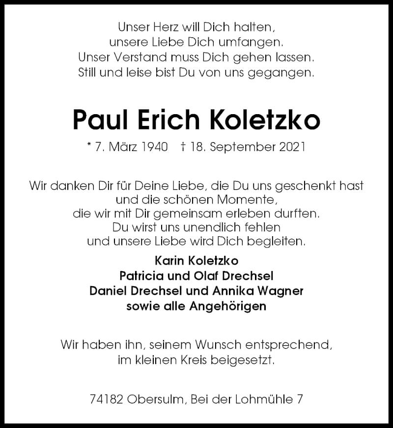 Traueranzeigen von Paul Erich Koletzko | www.trauerundgedenken.de