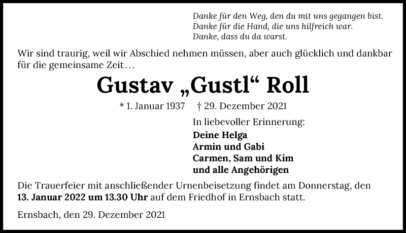 Traueranzeigen von Gustav Roll | www.trauerundgedenken.de