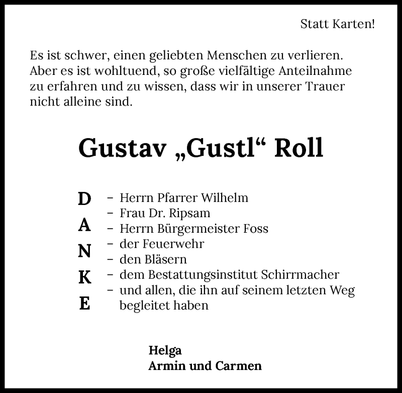 Traueranzeigen von Gustav Roll | www.trauerundgedenken.de