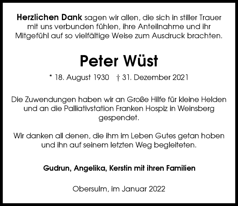 Traueranzeigen von Peter Wüst | www.trauerundgedenken.de