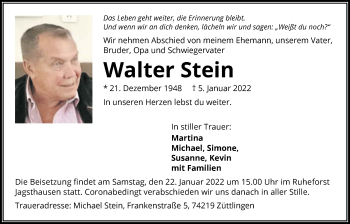 Traueranzeigen von Walter Stein | www.trauerundgedenken.de