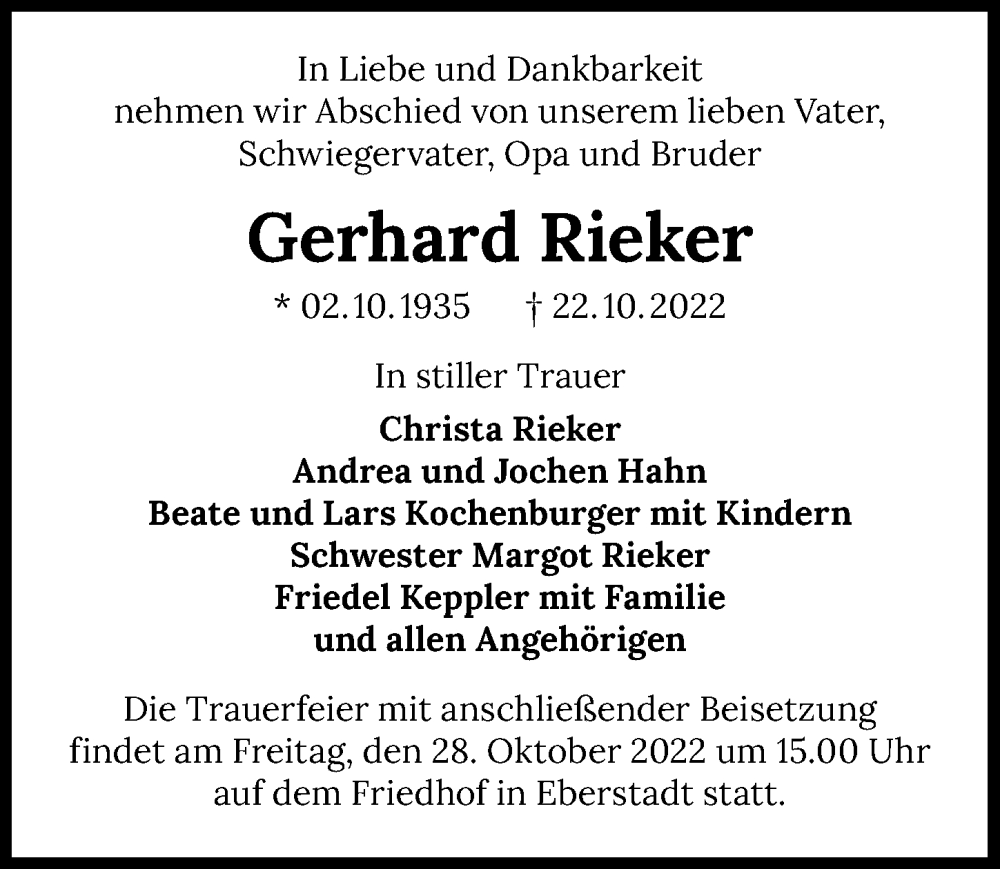 Traueranzeigen von Gerhard Rieker | www.trauerundgedenken.de