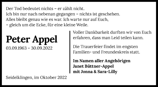 Traueranzeigen von Peter Appel | www.trauerundgedenken.de