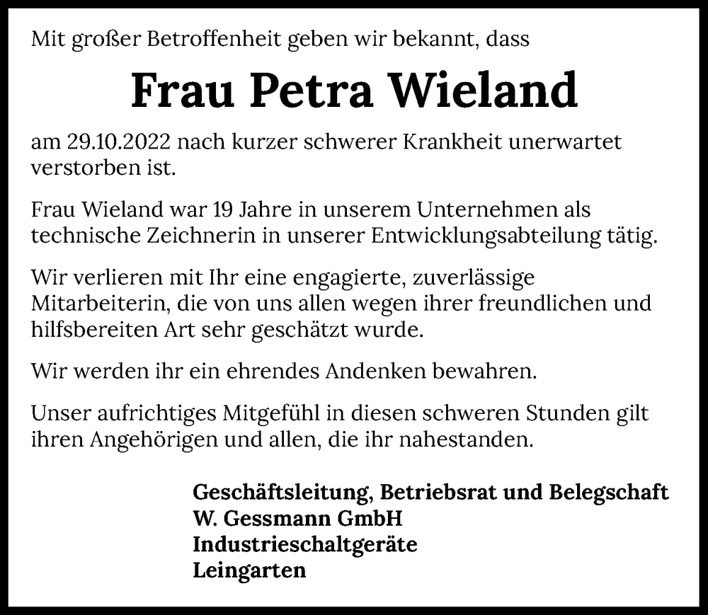 Traueranzeigen von Petra Wieland | www.trauerundgedenken.de