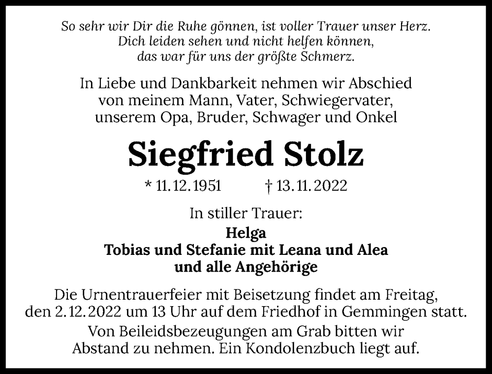 Traueranzeigen von Siegfried Stolz | www.trauerundgedenken.de