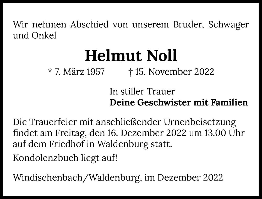 Traueranzeigen von Helmut Noll | www.trauerundgedenken.de