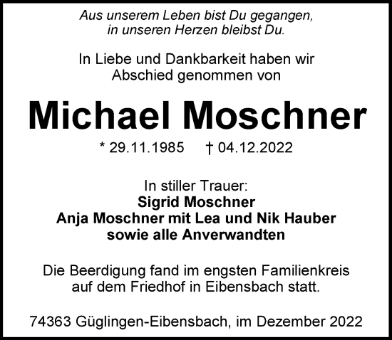 Traueranzeigen von Michael Moschner | www.trauerundgedenken.de