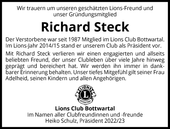 Traueranzeigen von Richard Steck | www.trauerundgedenken.de