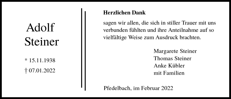 Traueranzeigen von Adolf Steiner | www.trauerundgedenken.de