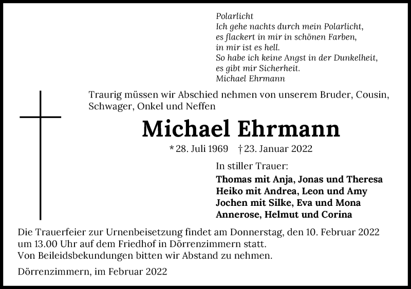 Traueranzeigen von Michael Ehrmann | www.trauerundgedenken.de