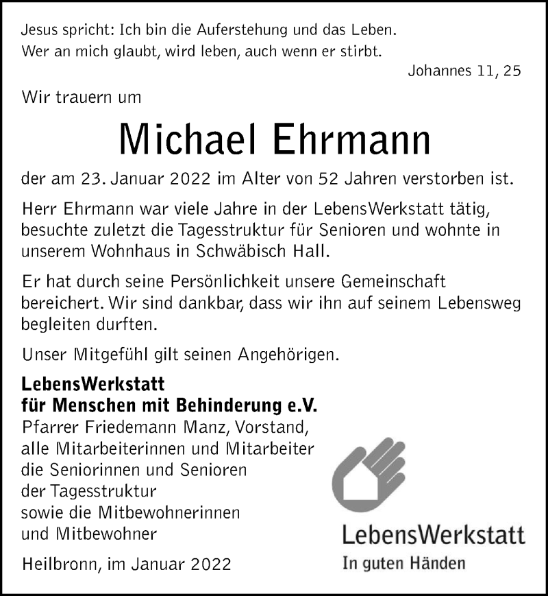 Traueranzeigen von Michael Ehrmann | www.trauerundgedenken.de