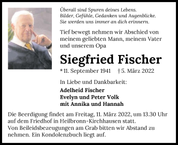 Traueranzeigen von Siegfried Fischer | www.trauerundgedenken.de