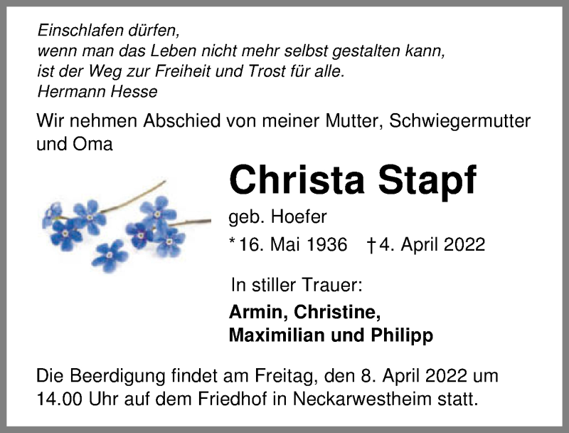 Traueranzeigen von Christa Stapf | www.trauerundgedenken.de