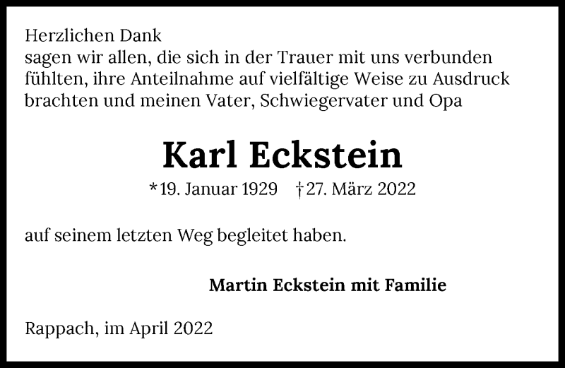 Traueranzeigen von Karl Eckstein | www.trauerundgedenken.de