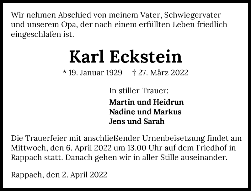 Traueranzeigen von Karl Eckstein | www.trauerundgedenken.de