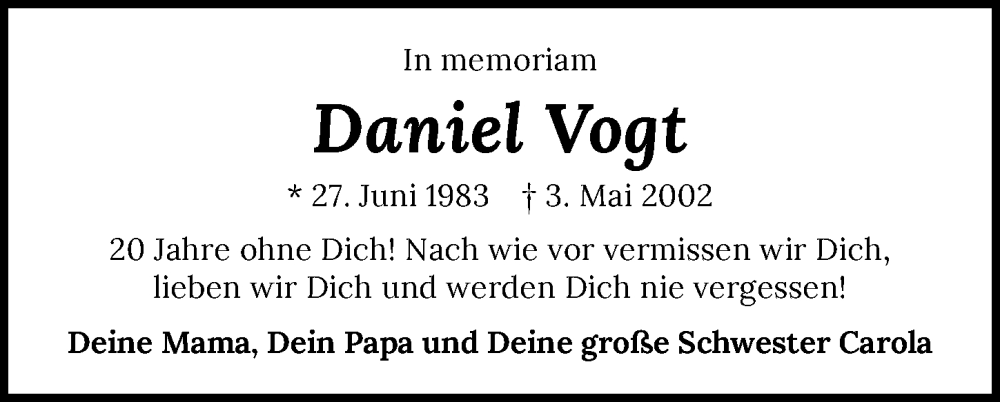 Traueranzeigen von Daniel Vogt | www.trauerundgedenken.de
