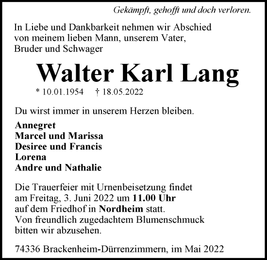 Traueranzeigen von Walter Karl Lang | www.trauerundgedenken.de