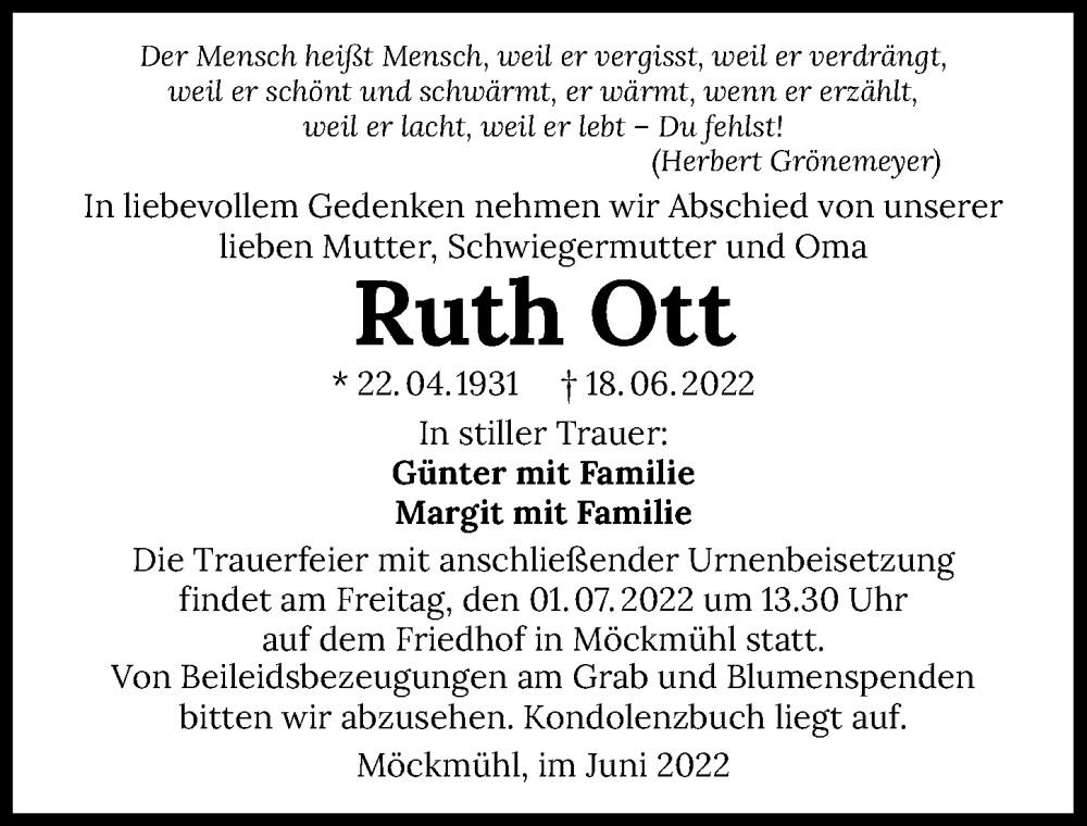 Traueranzeigen von Ruth Ott | www.trauerundgedenken.de